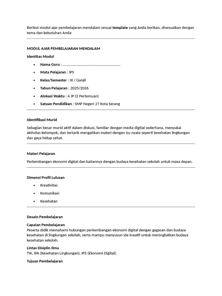 Berikut Modul Ajar Pembelajaran Mendalam Sesuai Template Yang Anda ...