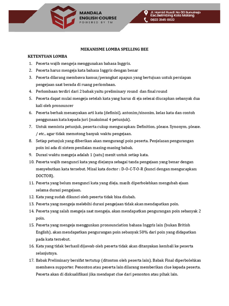 Mekanisme Lomba Spelling Bee 2023 | PDF