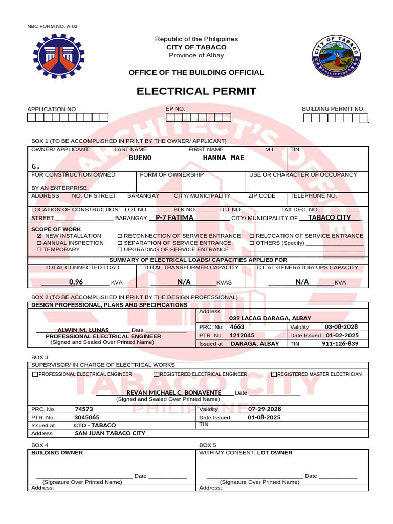 NBC Form No. A-03-Lunas (Electrical Permit) | PDF