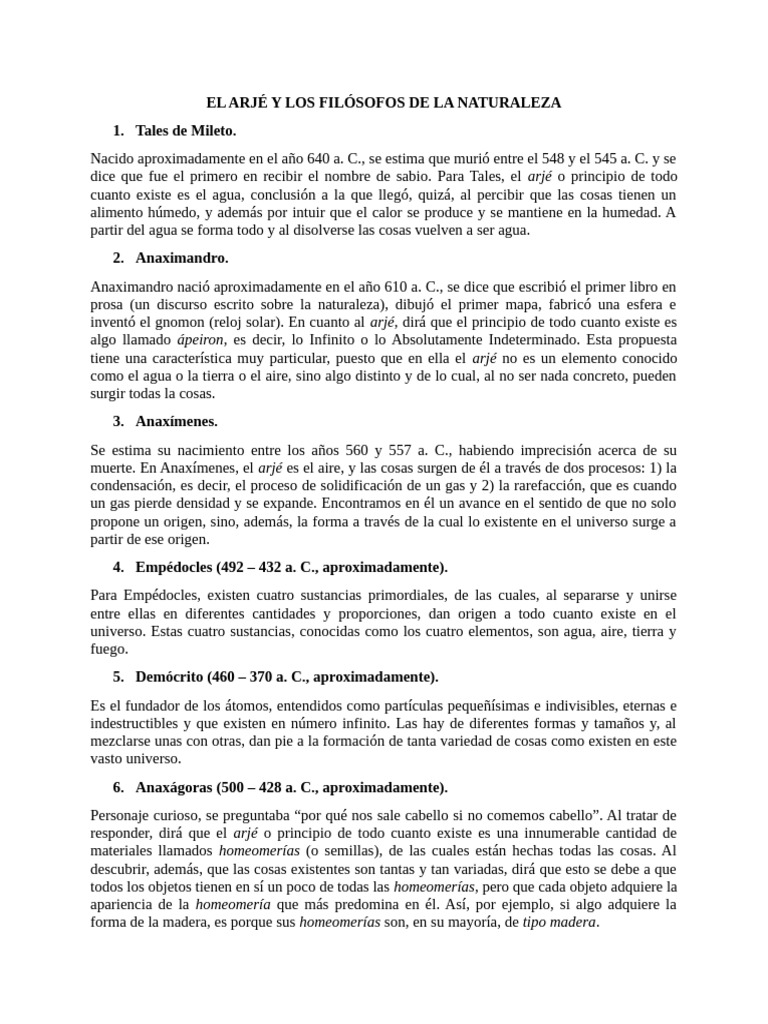 El Arjé y Los Filósofos de La Naturaleza | PDF | Metafísica