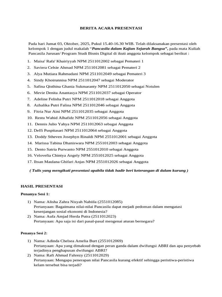 Berita Acara Presentasi Kelompok 1 Bab 2 | PDF
