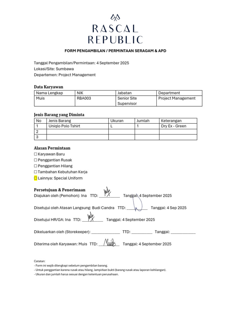 Form - Permintaan - Seragam - APD - Special Uniform - Muis - TTD | PDF