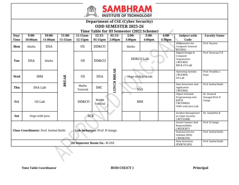 Time-Table 3rd Sem CSE (CY) - 2025-26 (Actual) | PDF | Science ...