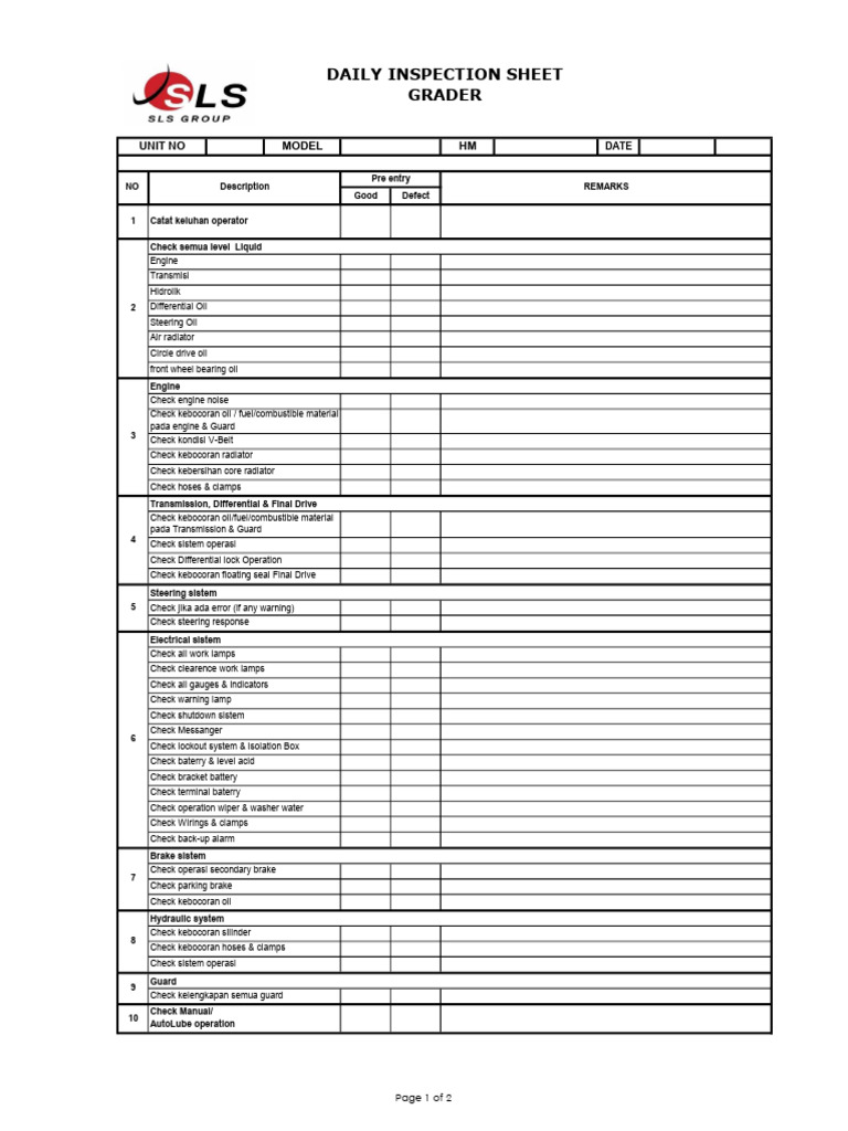 SLS-Is-2021-5 Daily Inspection Sheet Grader | PDF | Vehicles | Motor ...