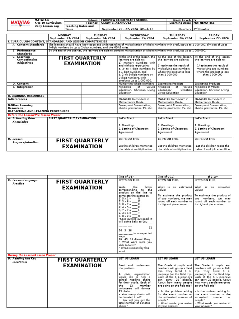 MATATAG DLL WEEK 1 MATH G4 q2 | PDF | Curriculum | Learning