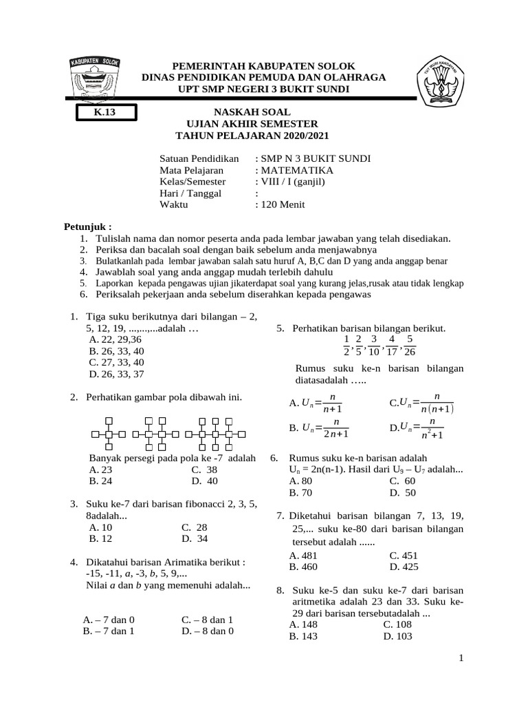 Soal Smtr Ganjil Matematika Kelas Viii 2019-2020 Rev-1 | PDF