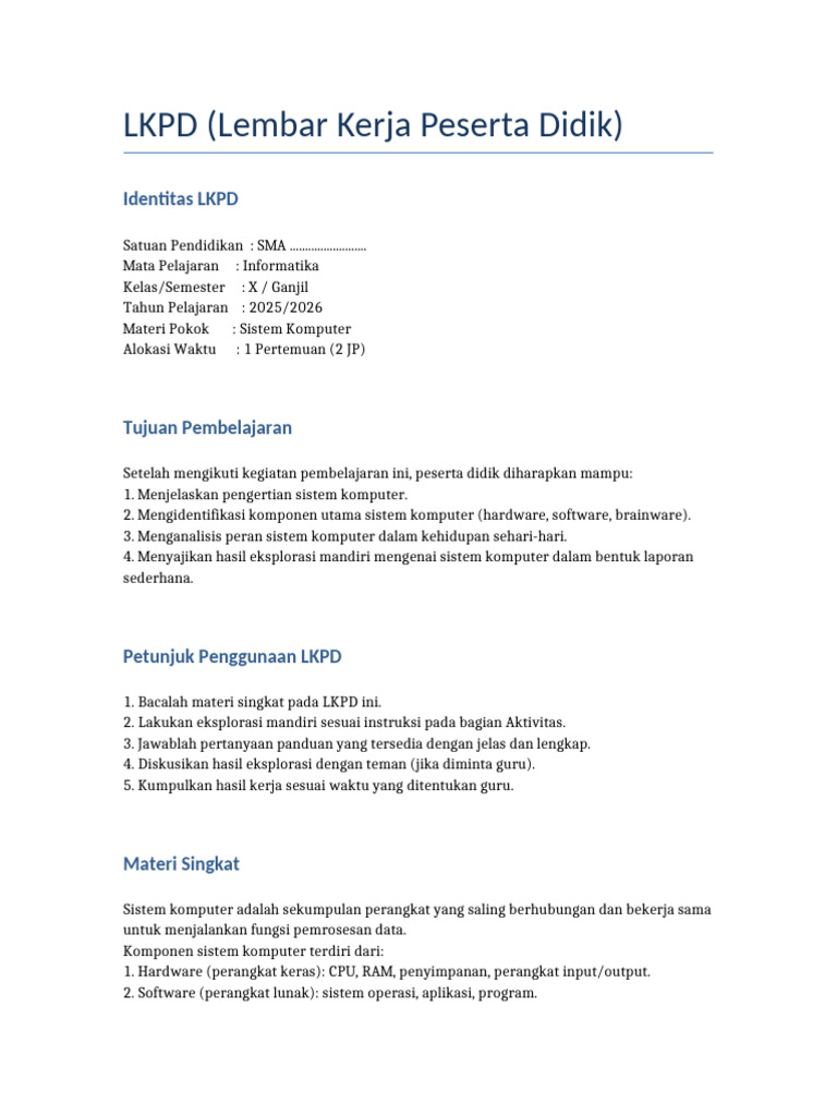 LKPD Sistem Komputer Kelas X | PDF