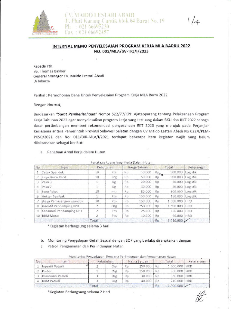 Internal Memo Penyelesaian Program Kerja MLA Barru 2022 | PDF