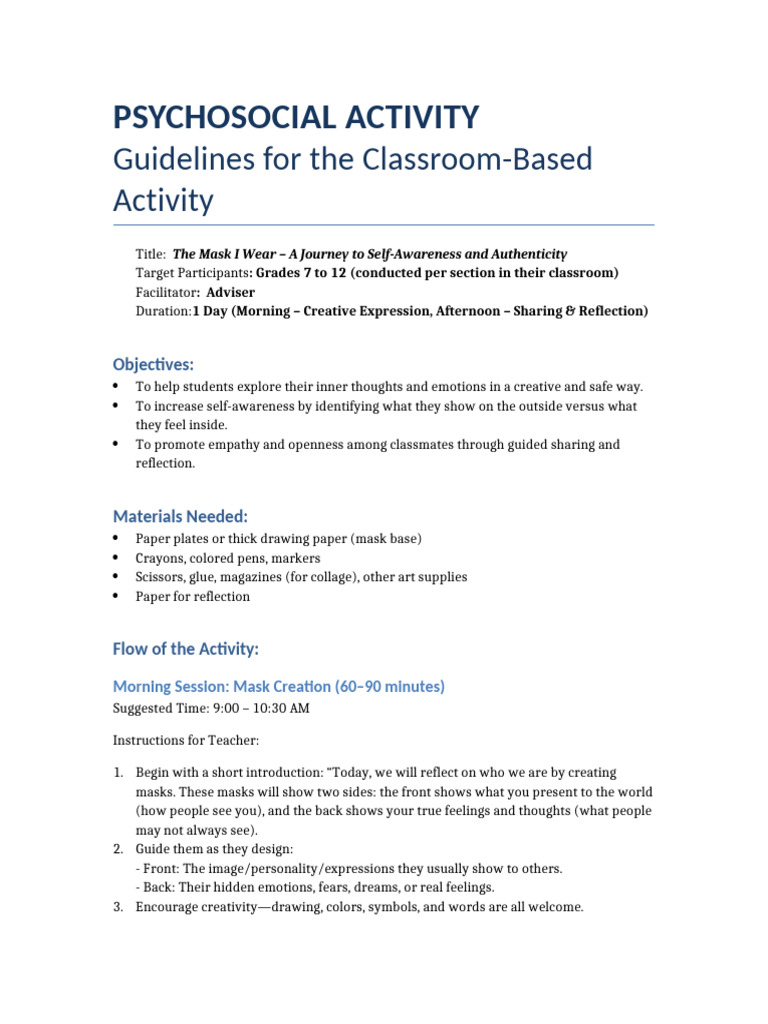 Classroom Mask Activity for Self-Awareness | PDF | Psychological ...