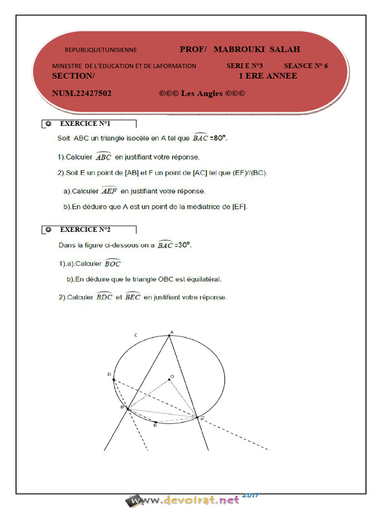 Série D'exercices N°3 Lycée Pilote - Math - Les Angles - 1ère AS (2016 ...