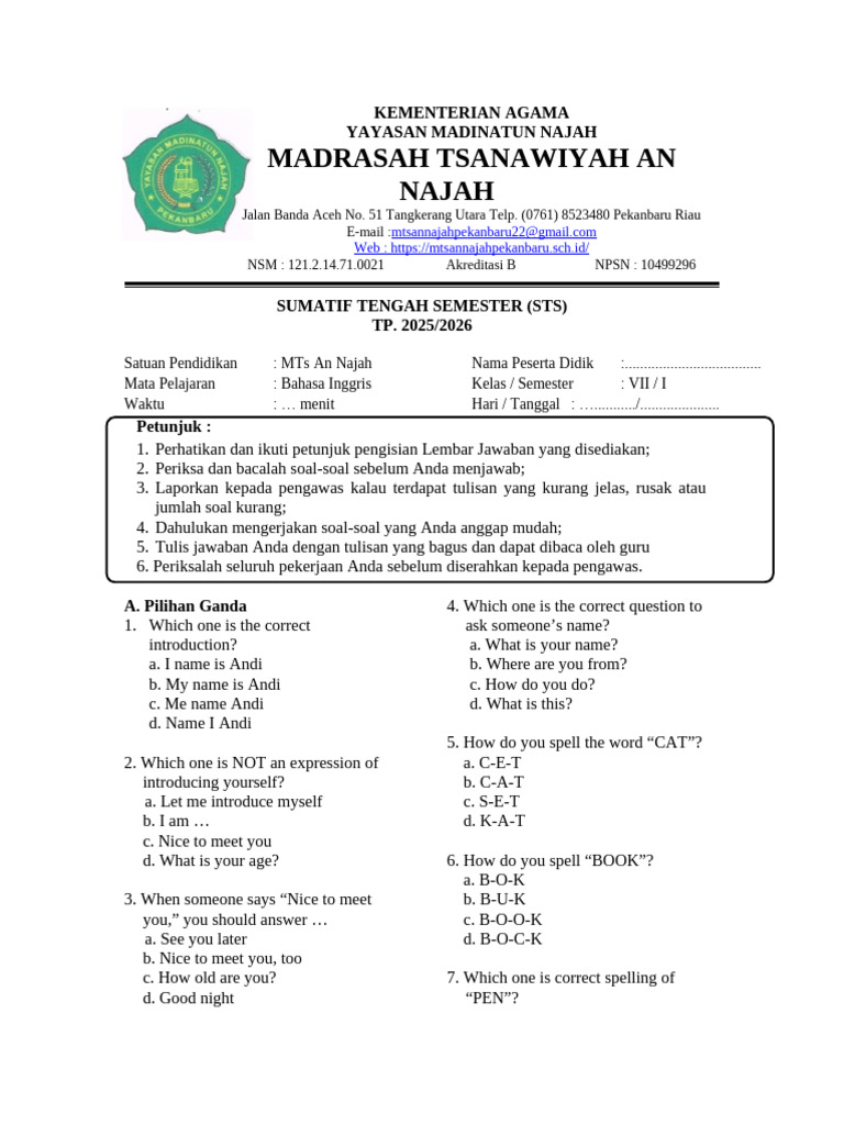 Soal Dan KJ Pts Bing Kls Vii | PDF | Chess | Chess Theory