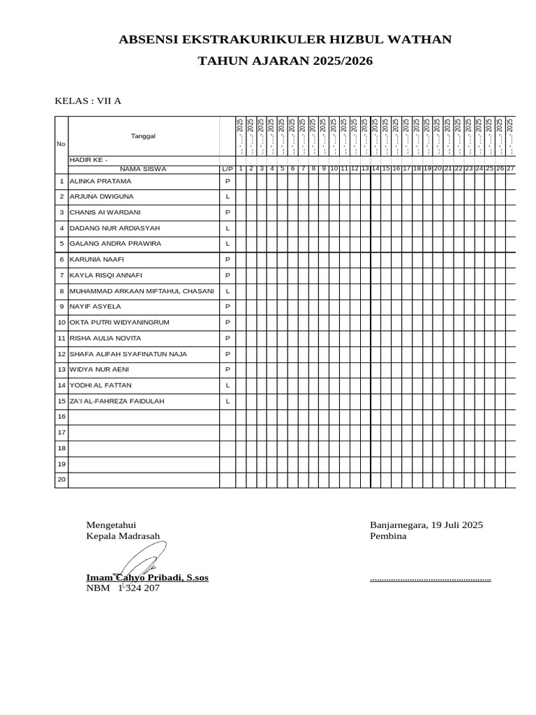 6. Absensi Ekstra Wajib | PDF