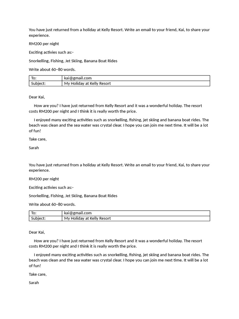 You Have Just Returned From A Holiday at Kelly Resort | PDF