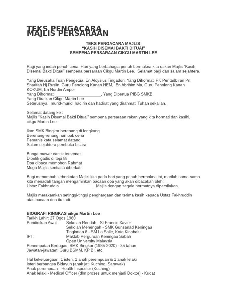 Teks Pengacara Majlis Persaraan MR Martin | PDF