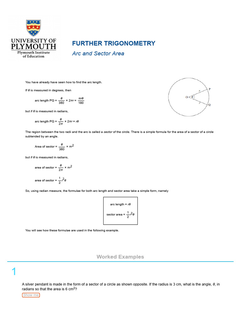 Arc Length and Sector Area Formulas | PDF | Area | Angle