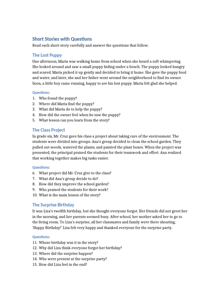 Short Stories with Questions for Kids | PDF