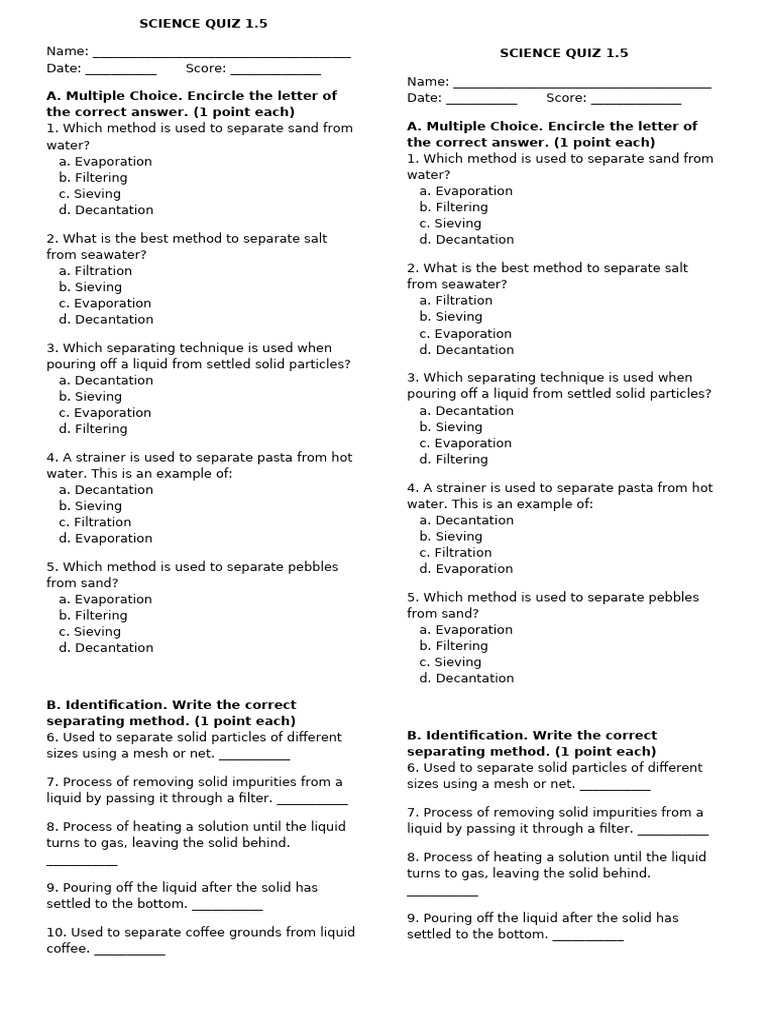 Separating Mixtures Quiz | PDF | Filtration