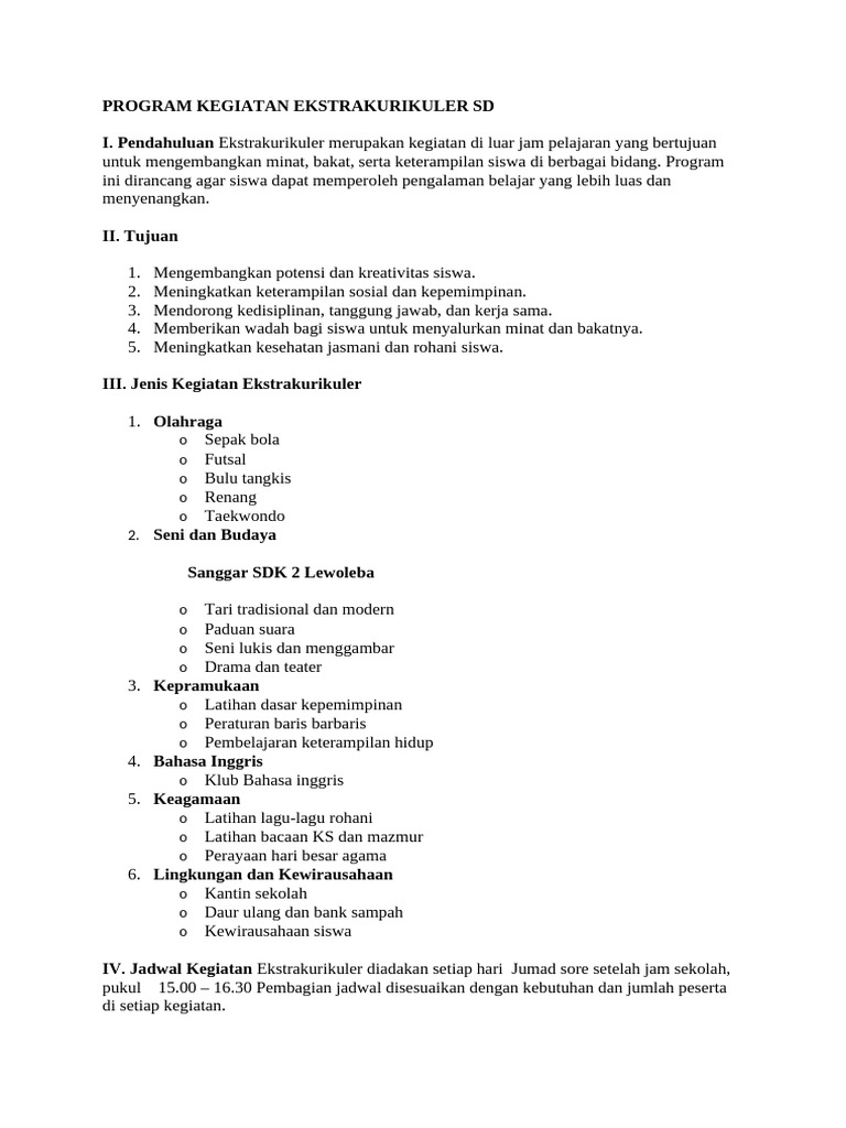 Program Kegiatan Ekstrakurikuler Sd Pdf