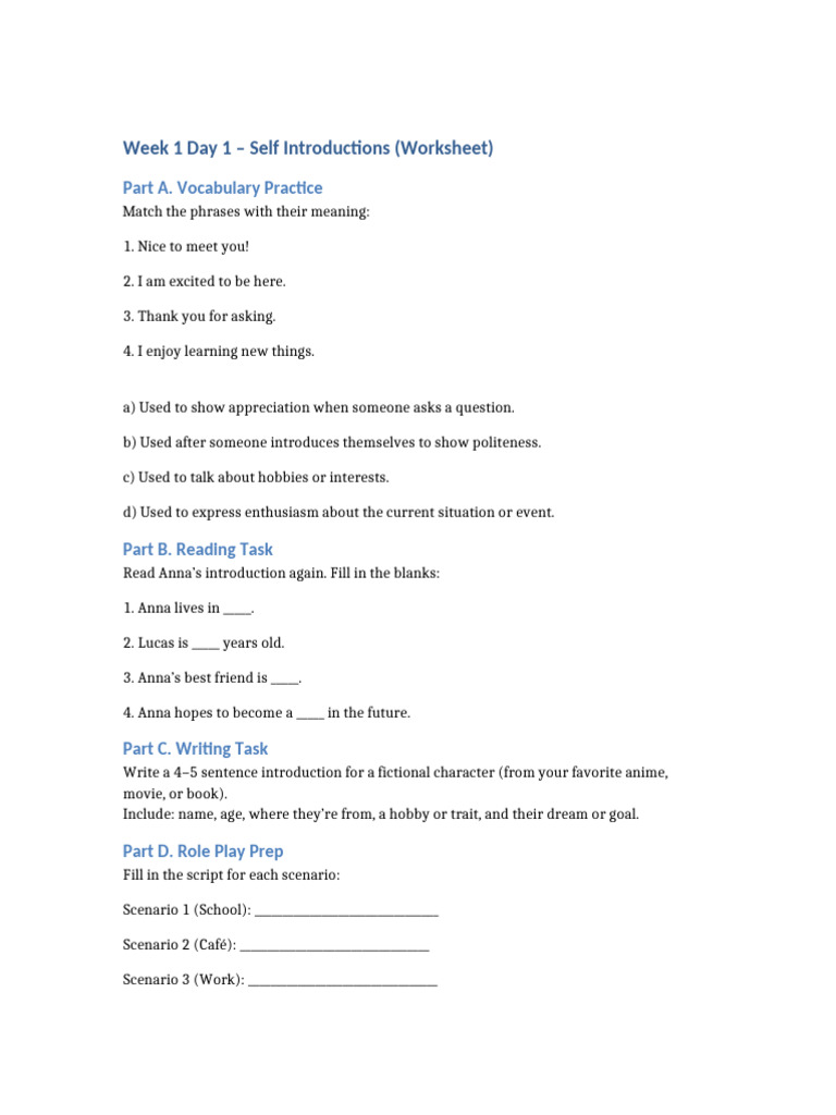 Week1 Day1 Introductions Worksheet | PDF