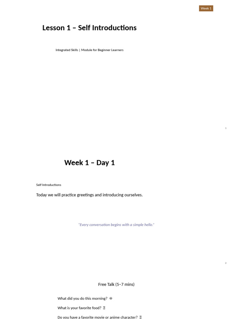Lesson1 Self Introductions Student | PDF | Learning | Human Communication
