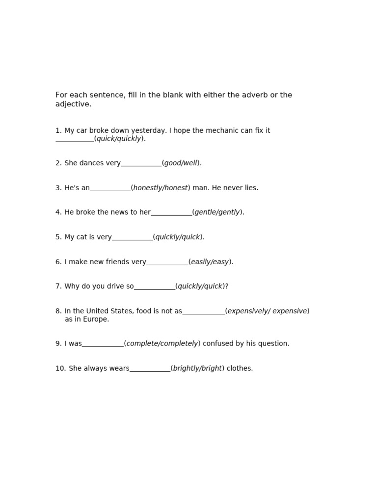Adverb vs. Adjective Exercise Answers | PDF
