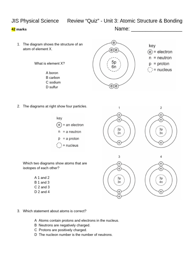 Copy of 3 Review "Quiz" - Unit 3 - Atomic Structure & Bonding | PDF | Chemical Bond | Atoms