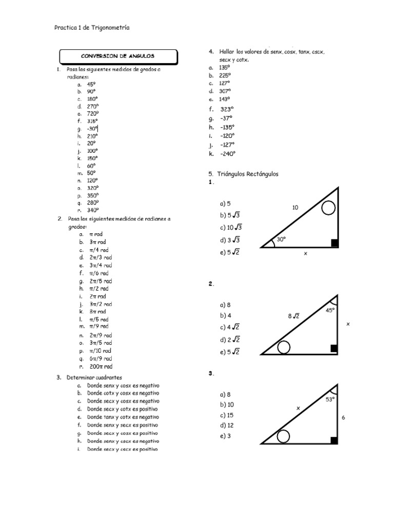 Práctica de Trigonometría: Ejercicios y Problemas | PDF | Análisis ...