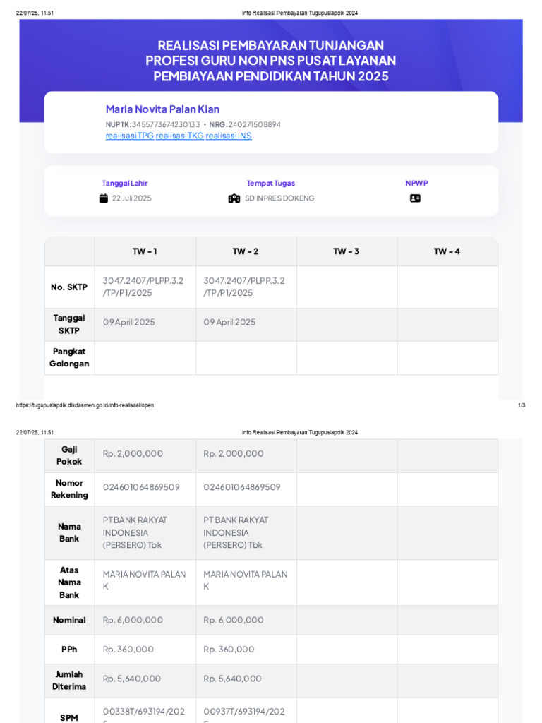 Info Realisasi Pembayaran Tugupuslapdik 2024 | PDF