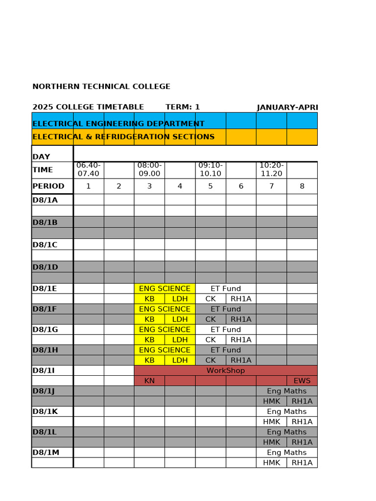 Electrical Engineering Timetable 2025 | PDF