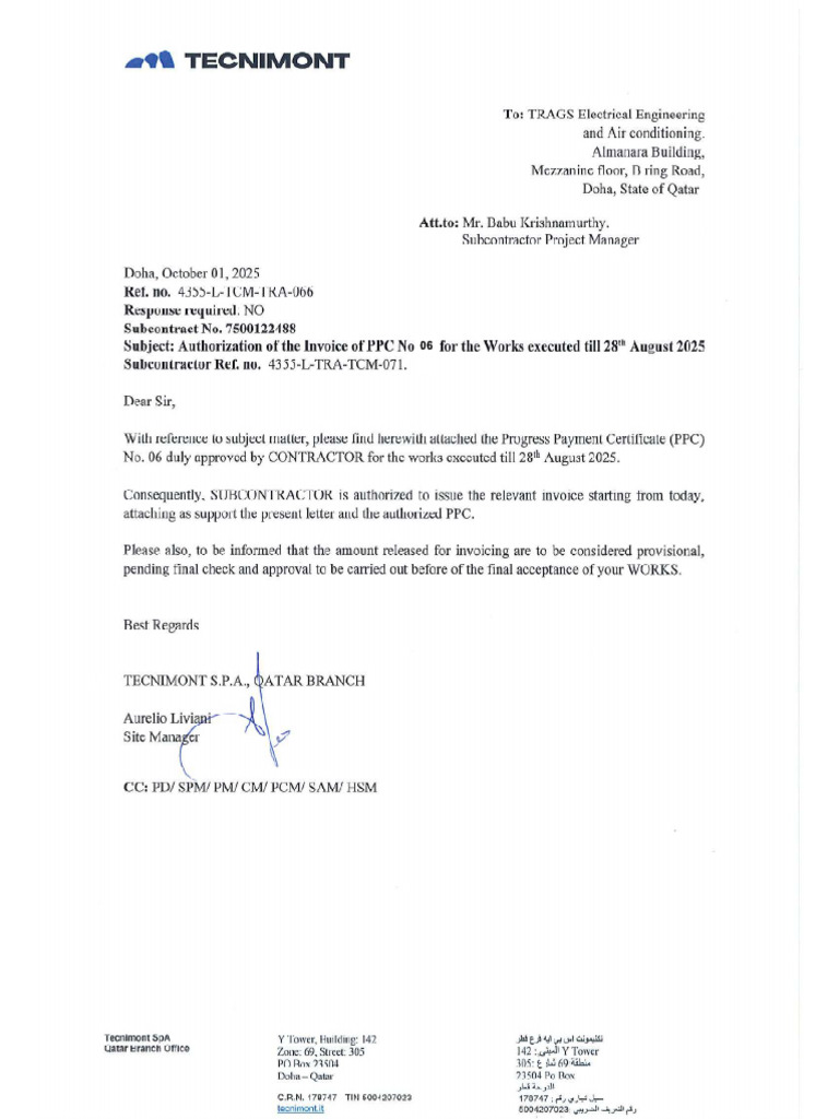4355-L-TCM-TRA-066 - Authorization To Invoice of PPC No. 06 For The ...