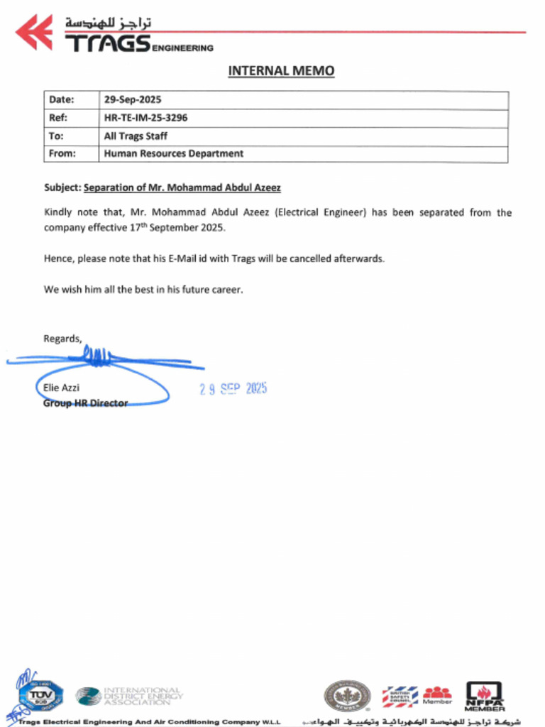 HR-TE-IM-25-3296 - Separation of Mr. Mohammad Abdul Azeez | PDF
