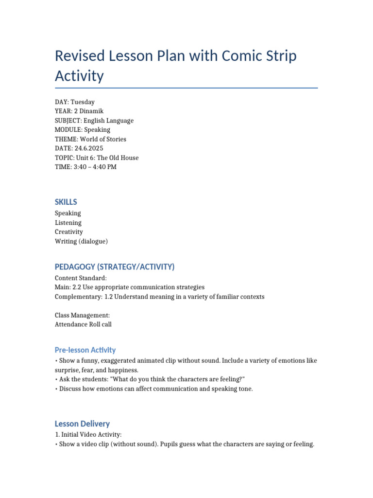 Revised Lesson Plan The Old House Unit 6 | PDF | Emotions | Teachers