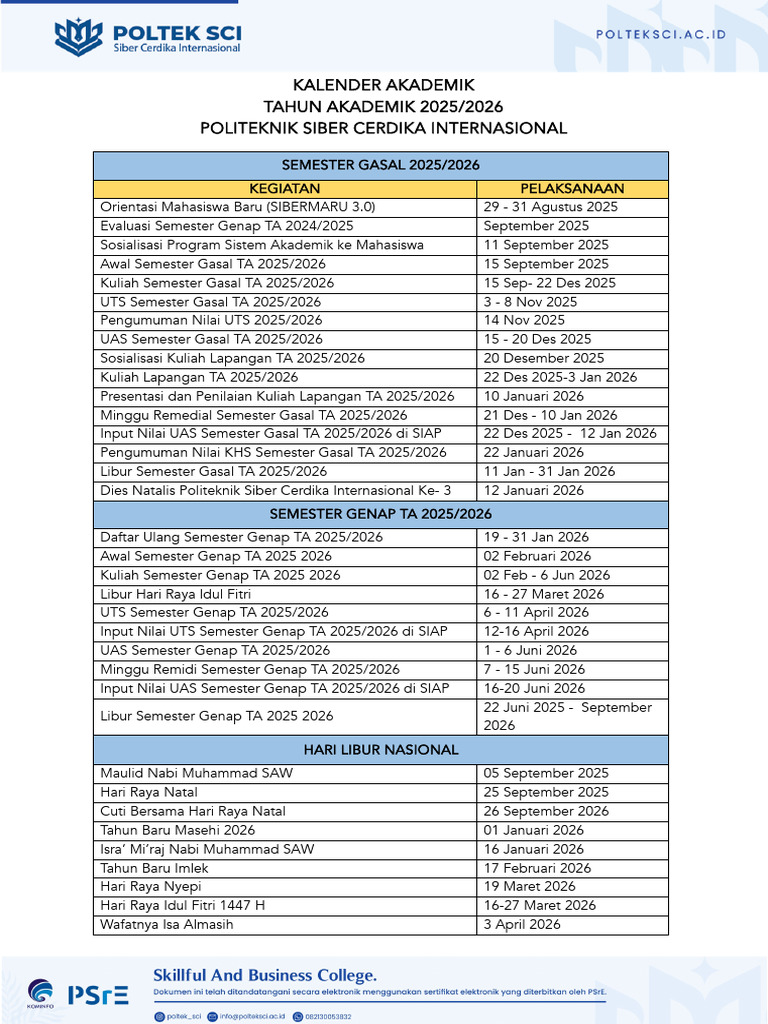 Kalender Akademik Poltek Sci Ta 2025-2026 | PDF