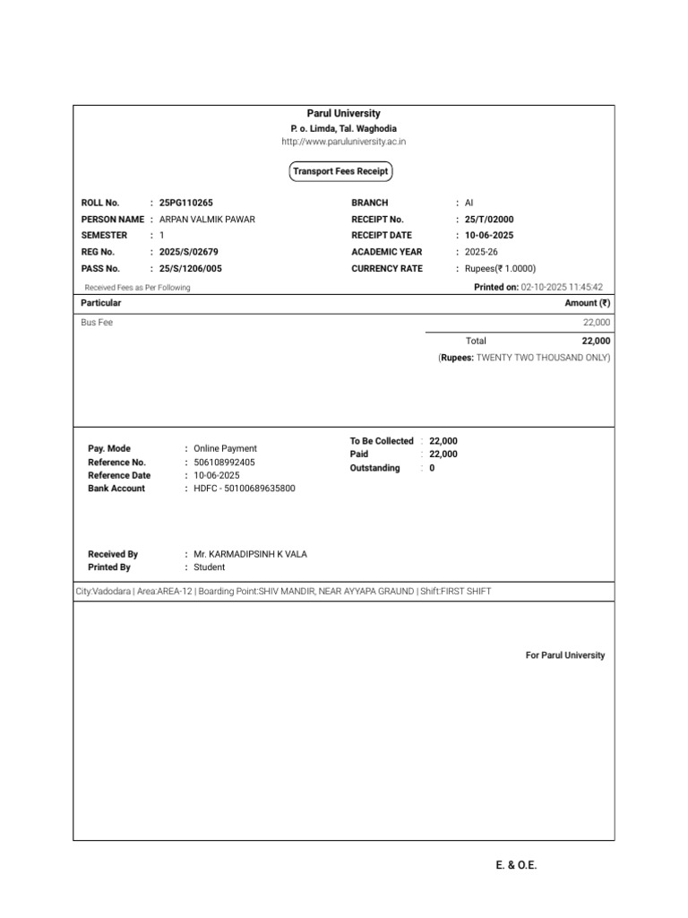 Parul University Bus Fees Receipt | PDF
