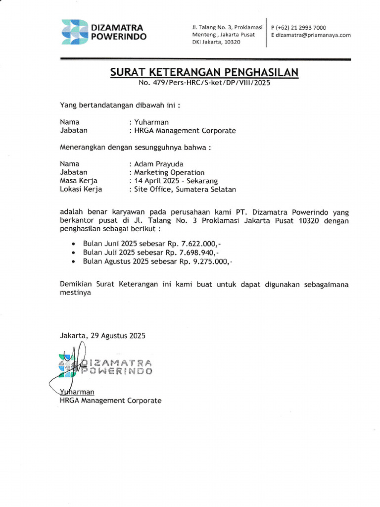 Surat Keterangan Penghasilan - Adam Prayuda | PDF