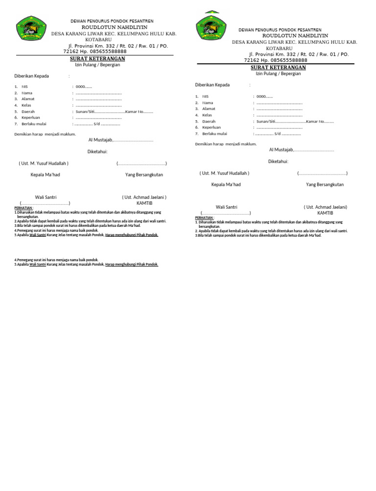 Surat Izin Bepergian Santri Pondok | PDF