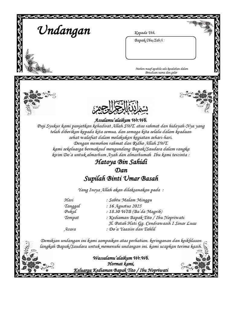 Undangan Tahlil MAMAH | PDF