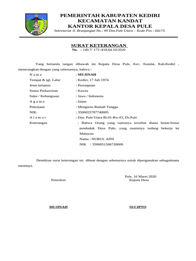 Surat Keterangan Penduduk Desa Pule | PDF