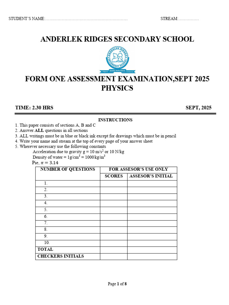 Physics Form One Test Sept 2025 | PDF | Force | Density