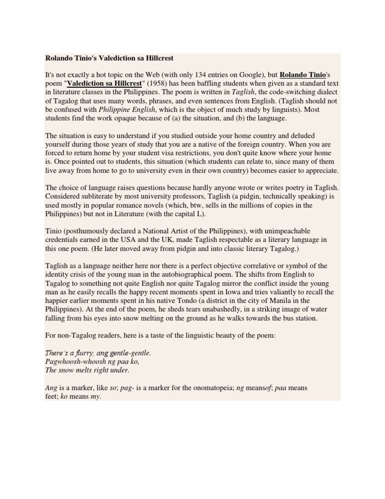 Understanding Tinio's Taglish Poem | PDF | Tagalog Language | English ...