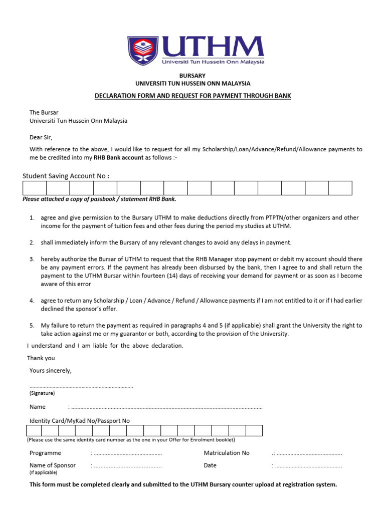 Declaration Form and Request For Payment Through Bank (Bi) - RHB Bank | PDF