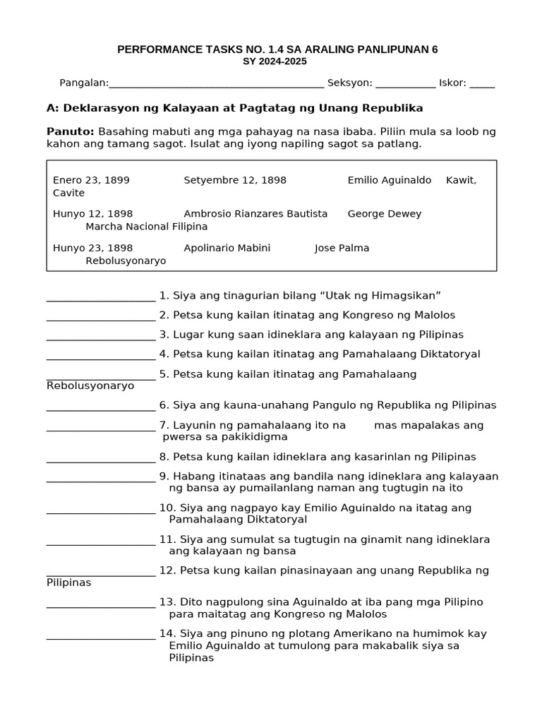 Performance Task 1.3 in AP 6 | PDF
