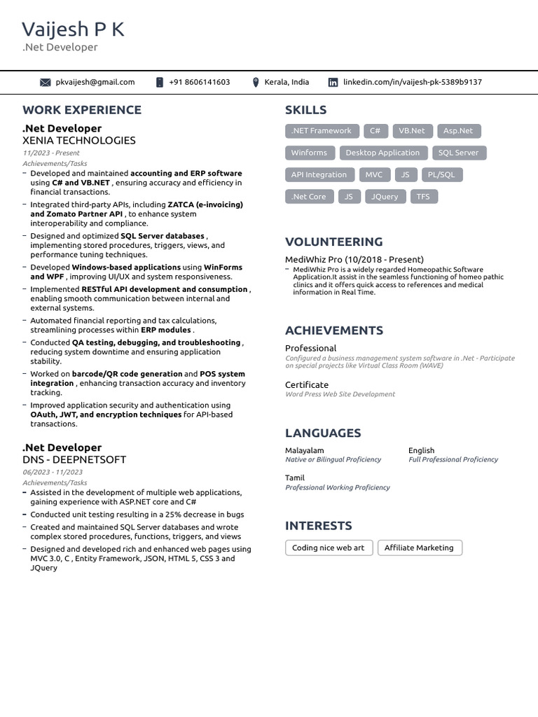 .Net Developer Resume - Vaijesh P K | PDF | Microsoft Sql Server ...