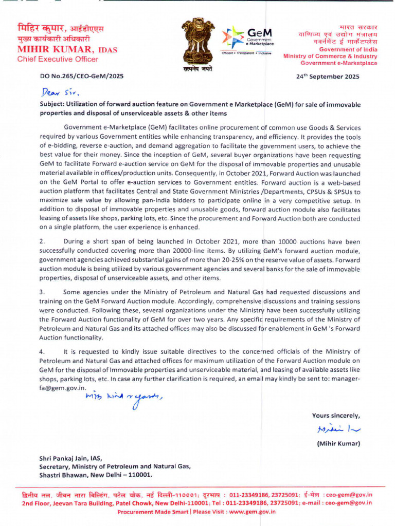 DO No.265, Shri Pankaj Jain, Secretary, Ministry of Petroleum and ...