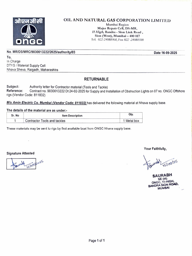 ONGC Contractor Material Authority Letter | PDF | Fuel Production ...