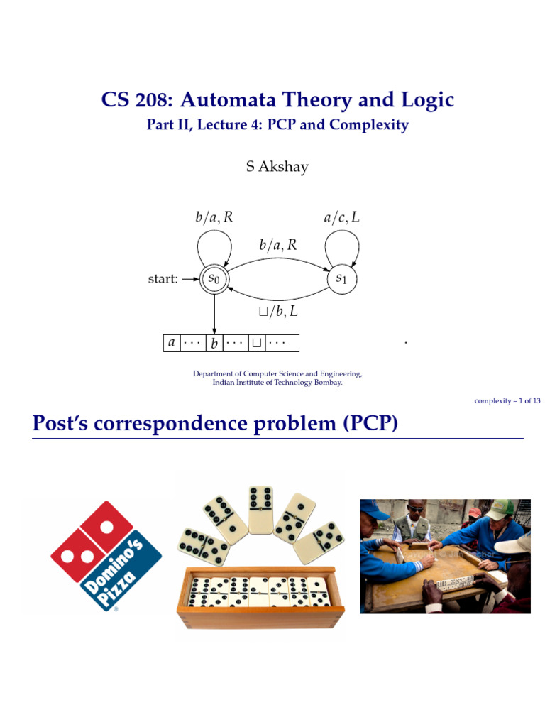 CS 208 - Automata Theory and Logic - Part II, Lecture 4 - PCP and Complexity | PDF ...