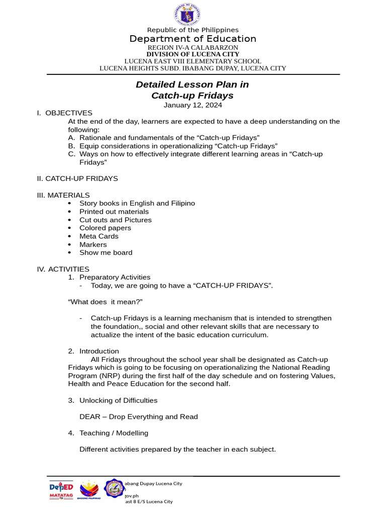 Detailed Lesson Plan in Catch Up Fridays - Epi | PDF | Human ...