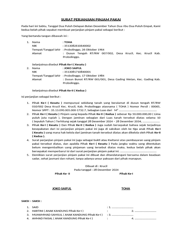 Surat Perjanjian Pinjam Pakai | PDF