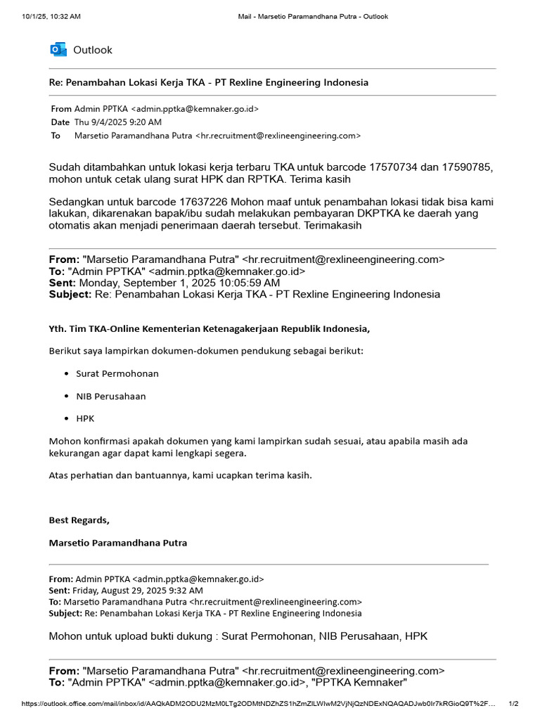 BALASAN EMAIL - Pengajuan Penambahan Lokasi RPTKA | PDF