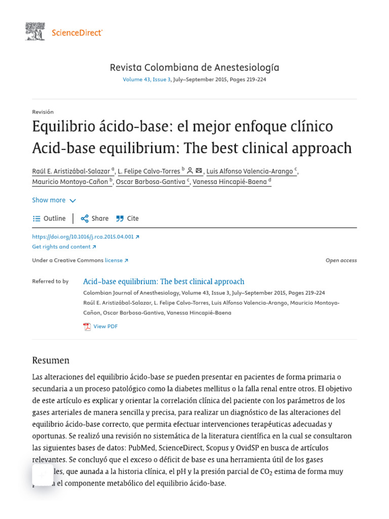 Equilibrio Ácido-Base - El Mejor Enfoque Clínico - ScienceDirect | PDF